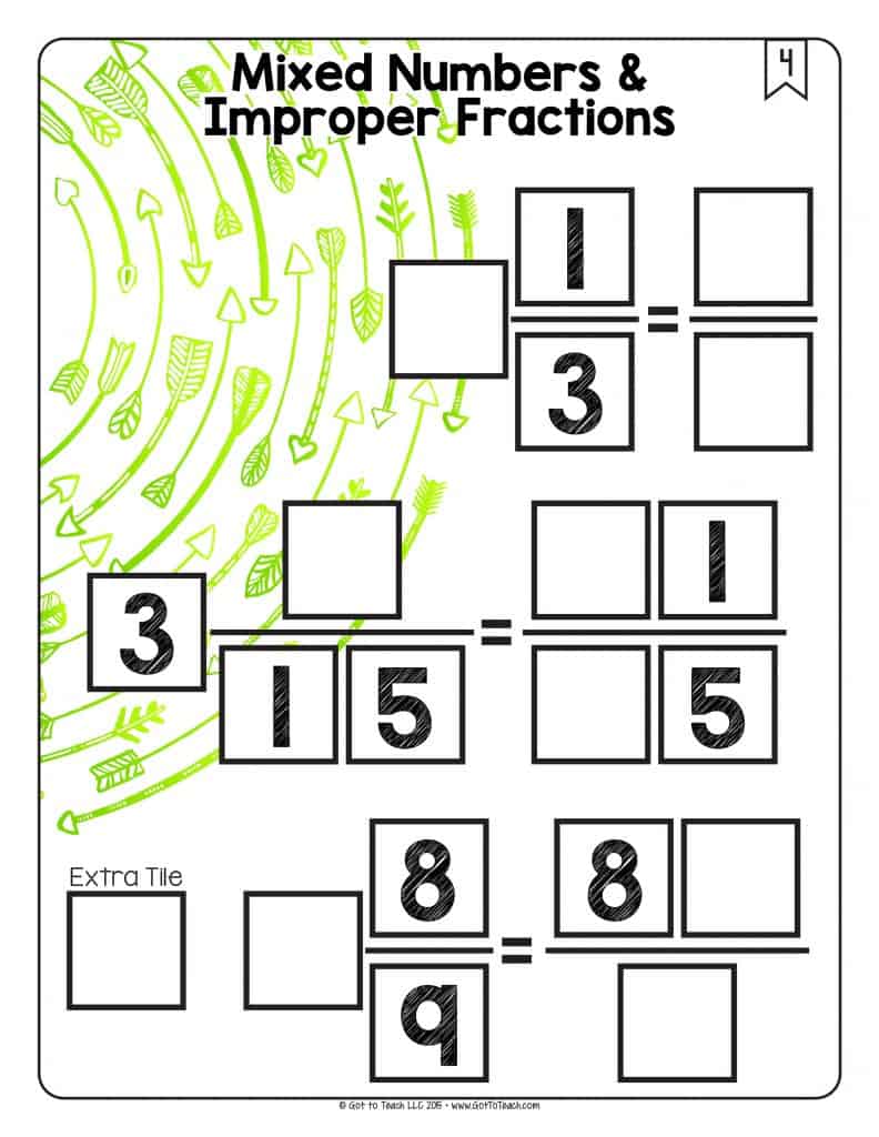 Math Tiles: Mixed Numbers and Improper Fractions • Teacher Thrive