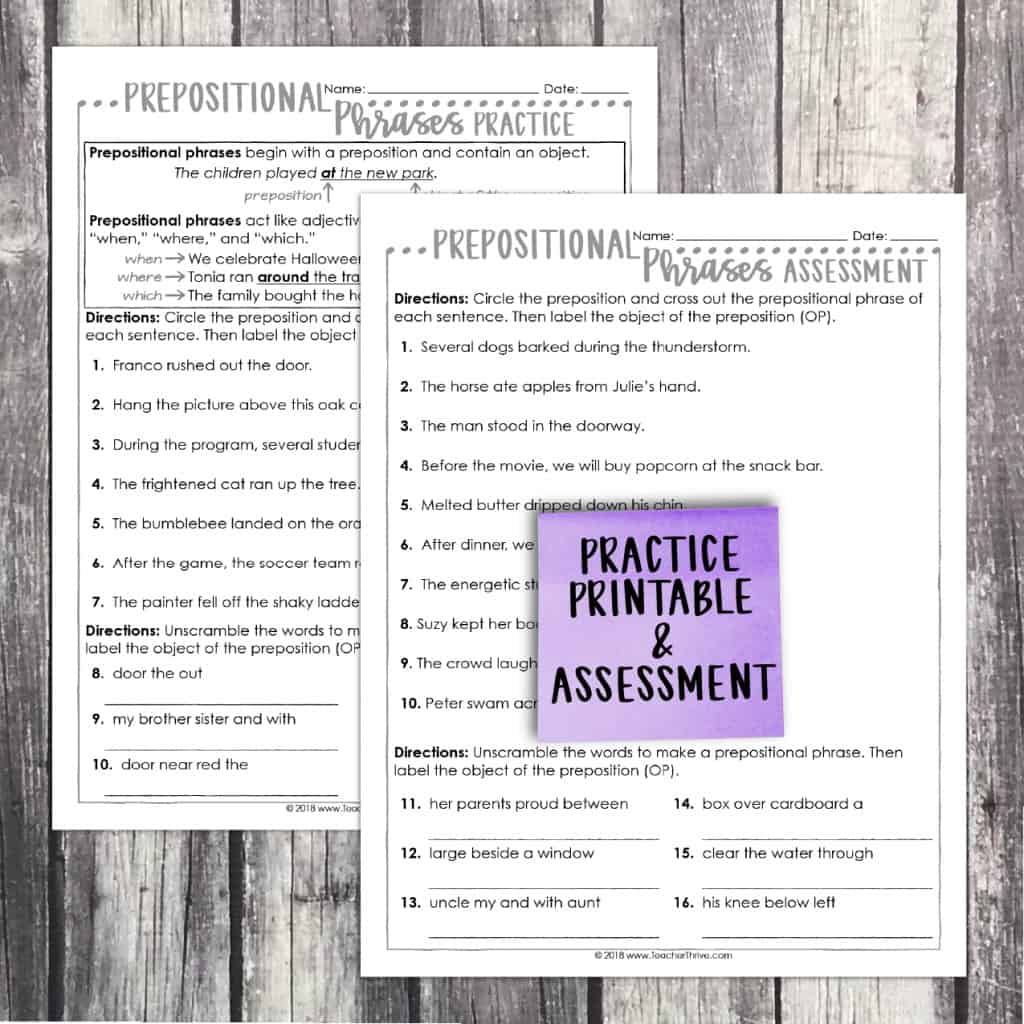 Fourth Grade Grammar: Prepositional Phrases • Teacher Thrive