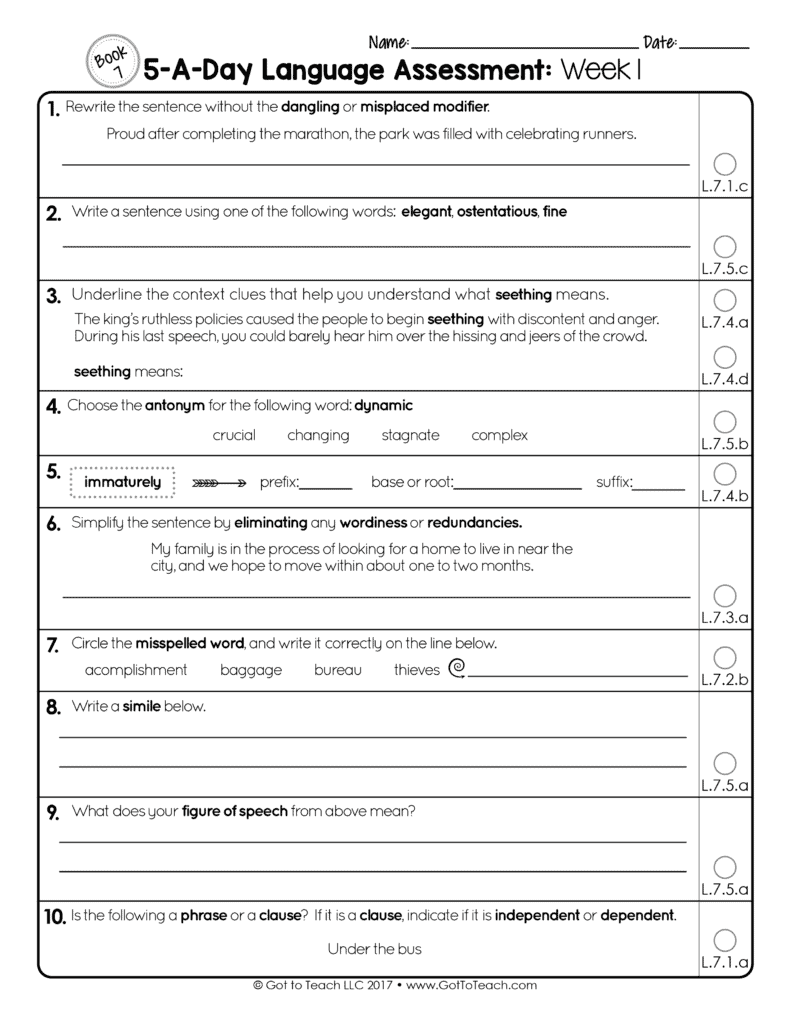 7th Grade Weekly Language Assessments • Teacher Thrive