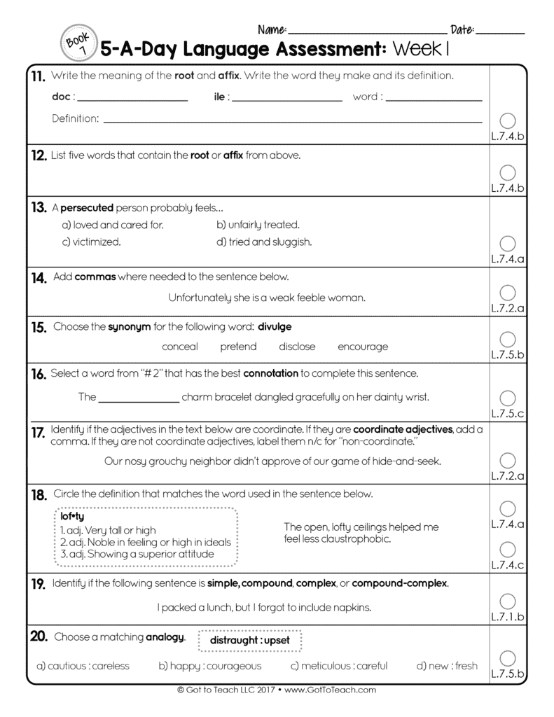 7th Grade Weekly Language Assessments • Teacher Thrive