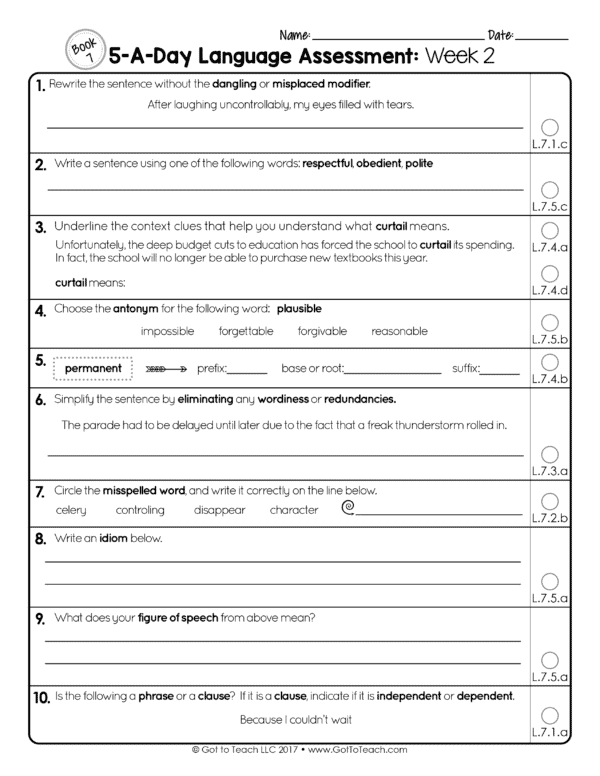7th Grade Weekly Language Assessments • Teacher Thrive