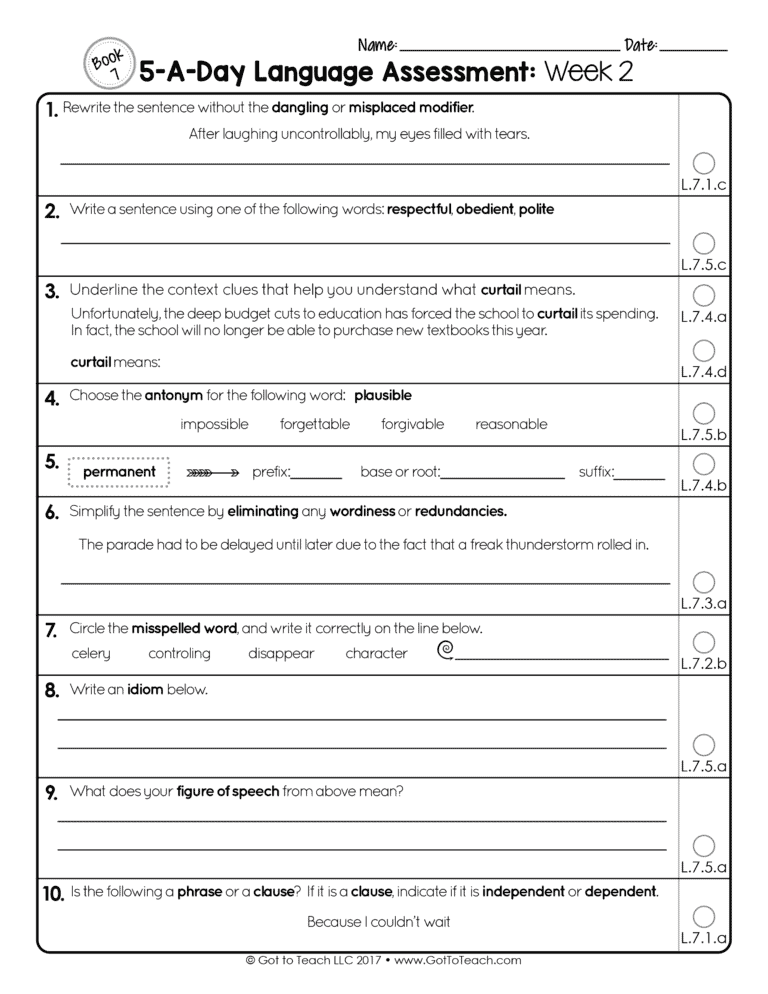 7th Grade Weekly Language Assessments • Teacher Thrive