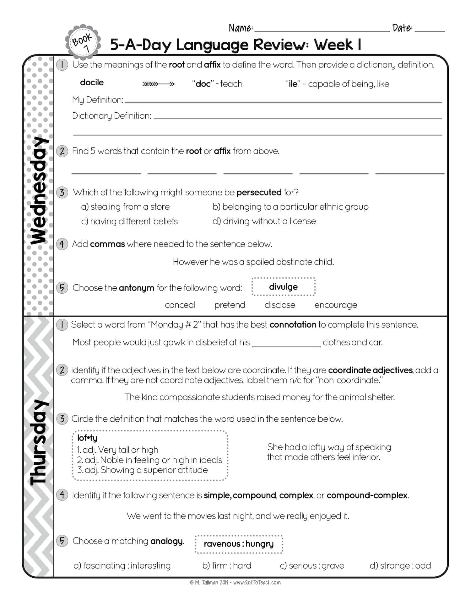 7th Grade Daily Language Spiral Review Teacher Thrive