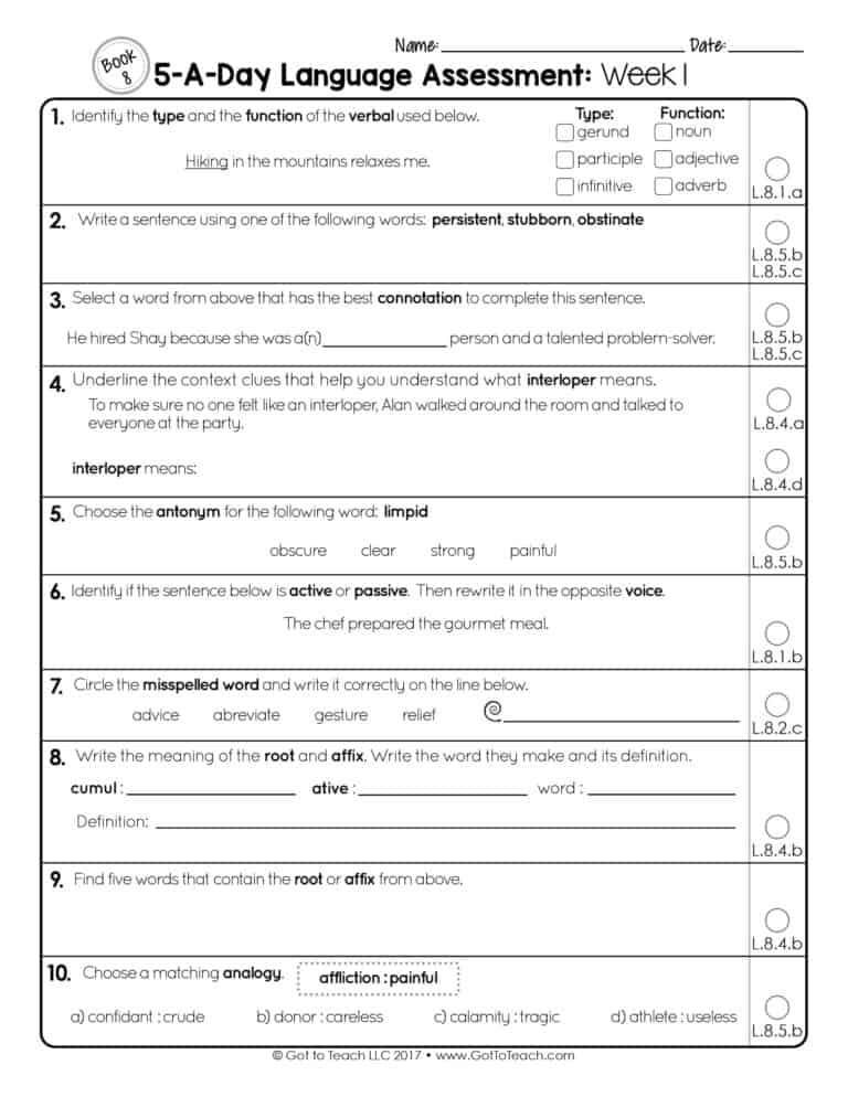8th Grade Weekly Language Assessments • Teacher Thrive