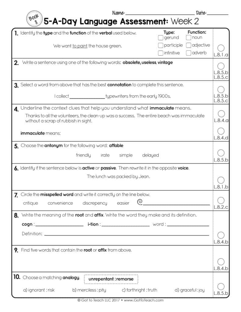 8th Grade Weekly Language Assessments • Teacher Thrive