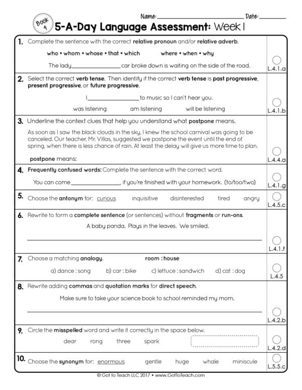4th Grade Weekly Language Assessments • Teacher Thrive