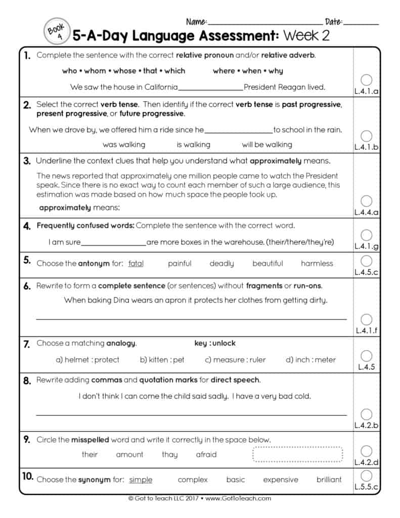 4th Grade Weekly Language Assessments • Teacher Thrive