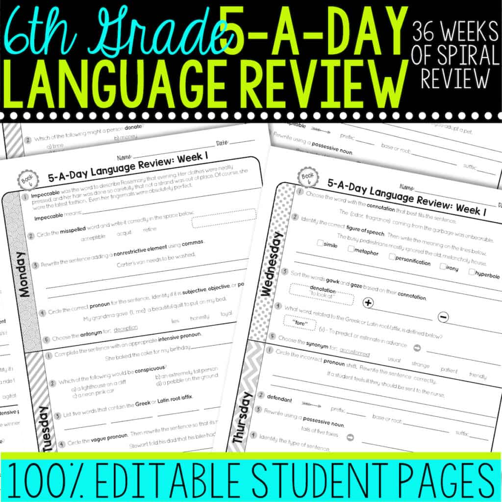 6th Grade Daily Language Spiral Review • Teacher Thrive