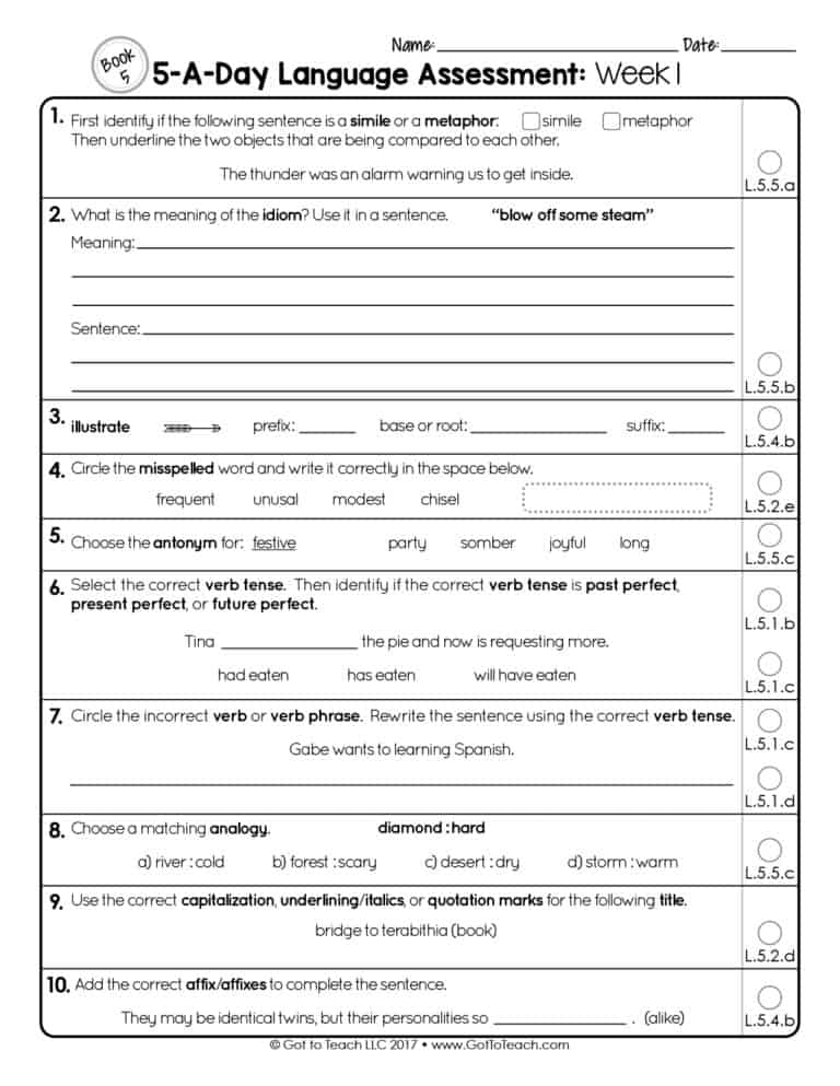 5th Grade Weekly Language Assessments • Teacher Thrive