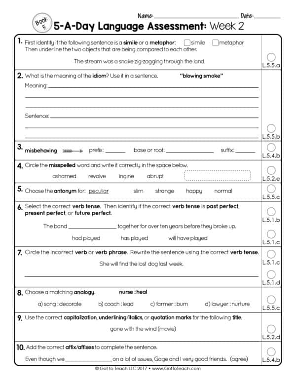 5th Grade Weekly Language Assessments • Teacher Thrive