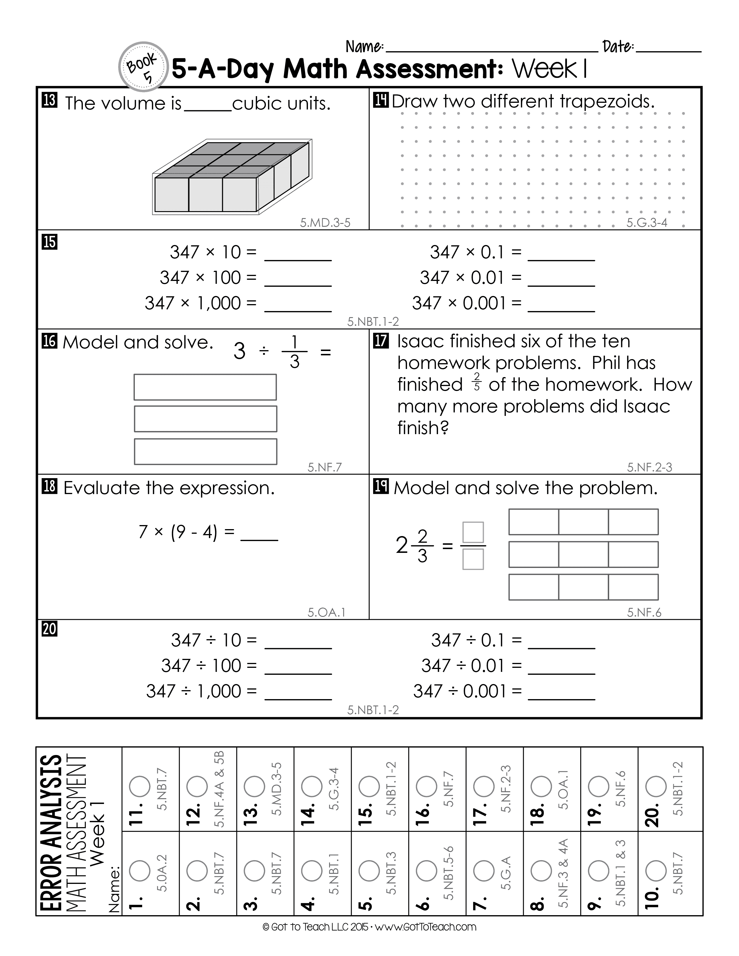 5th Grade Weekly Math Assessments Teacher Thrive