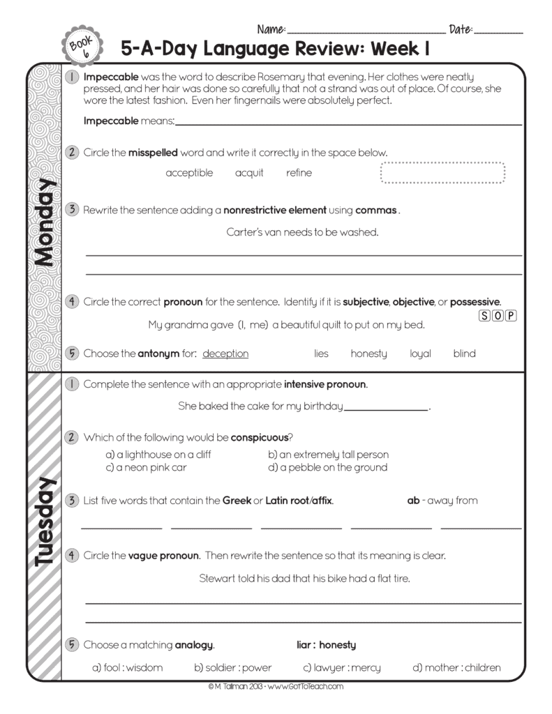 6th Grade Daily Language Spiral Review • Teacher Thrive
