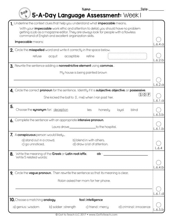 6th Grade Weekly Language Assessments • Teacher Thrive
