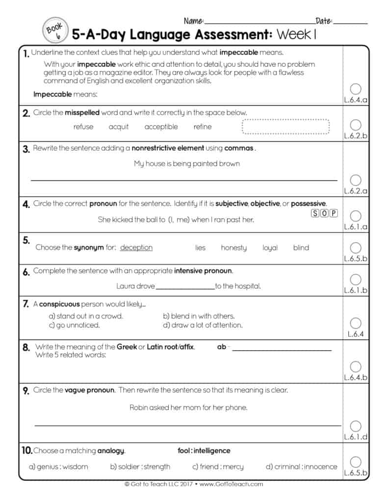 6th Grade Weekly Language Assessments • Teacher Thrive