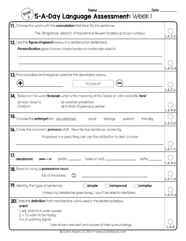6th Grade Weekly Language Assessments • Teacher Thrive