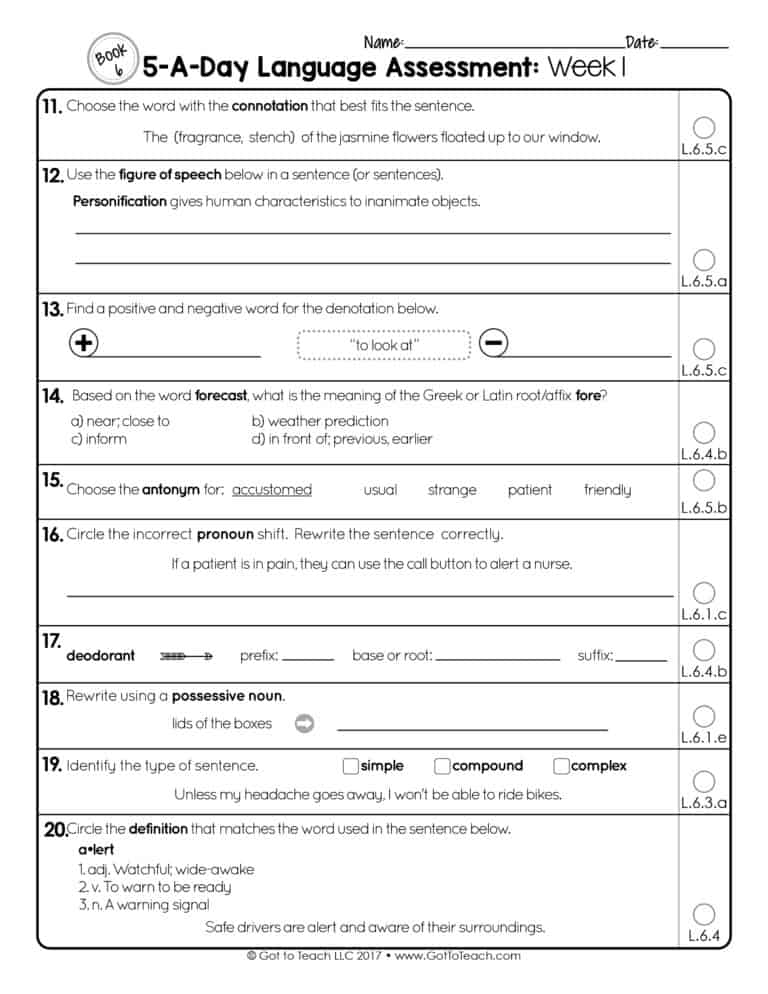 6th Grade Weekly Language Assessments • Teacher Thrive