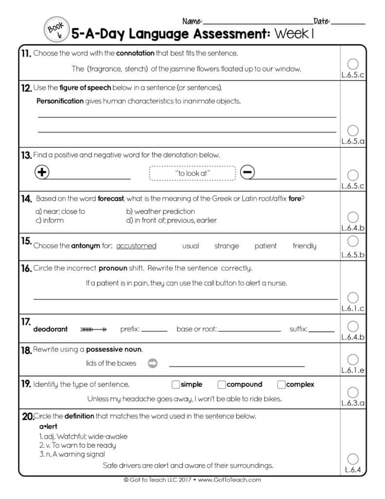 6th Grade Weekly Language Assessments • Teacher Thrive