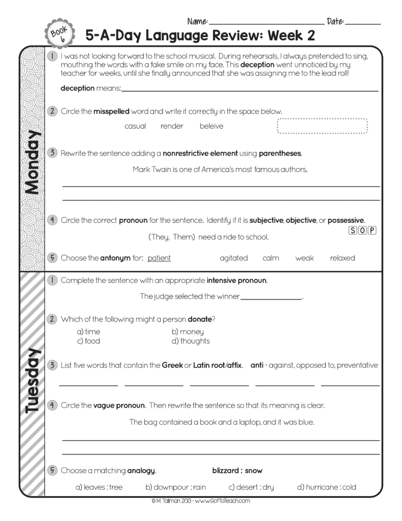 FREE 6th Grade Daily Language Spiral Review • Teacher Thrive